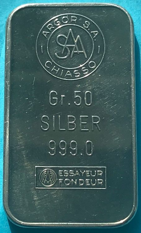 schöner 50 Gramm Silberbarren 999.0' Silber ARGOR SA,Chiasso (Gebraucht ...