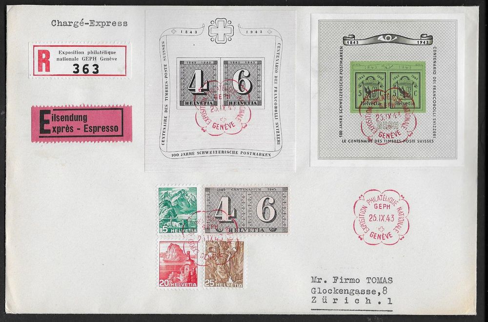 1943 R/Ex. Brief Genfer + ZH Block o Genève+Zusatzfr. ab 1.- (Gebraucht) in Zürich für CHF 25 ...
