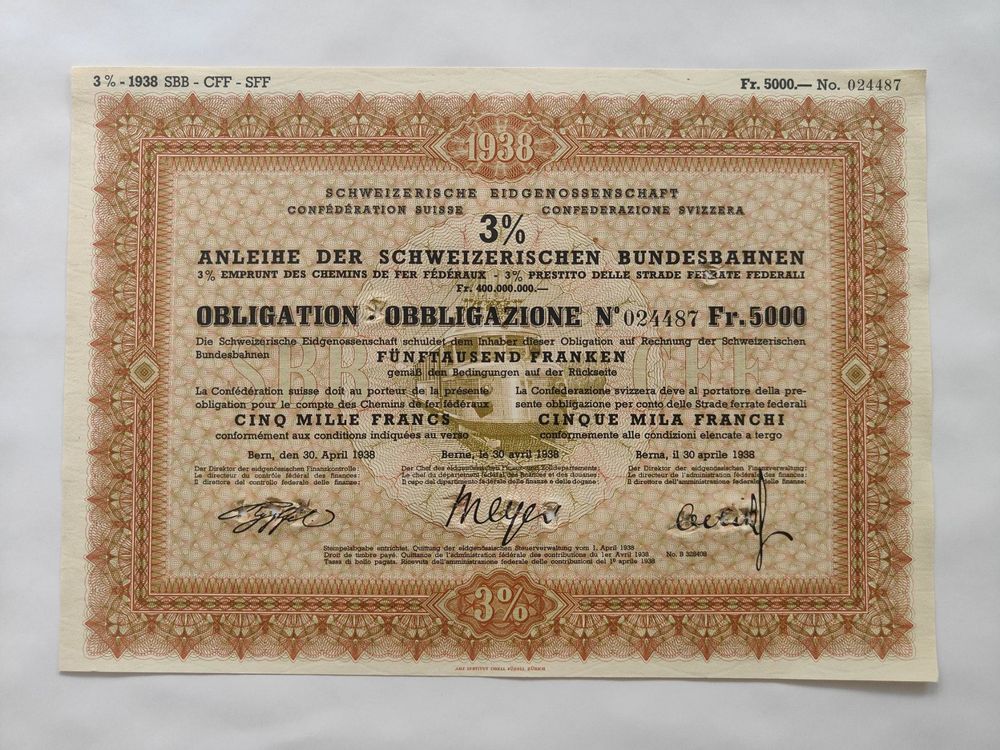 SBB original Obligation CHF 5000 (Gebraucht) in Langendorf für CHF 10 – mit Lieferung auf ...