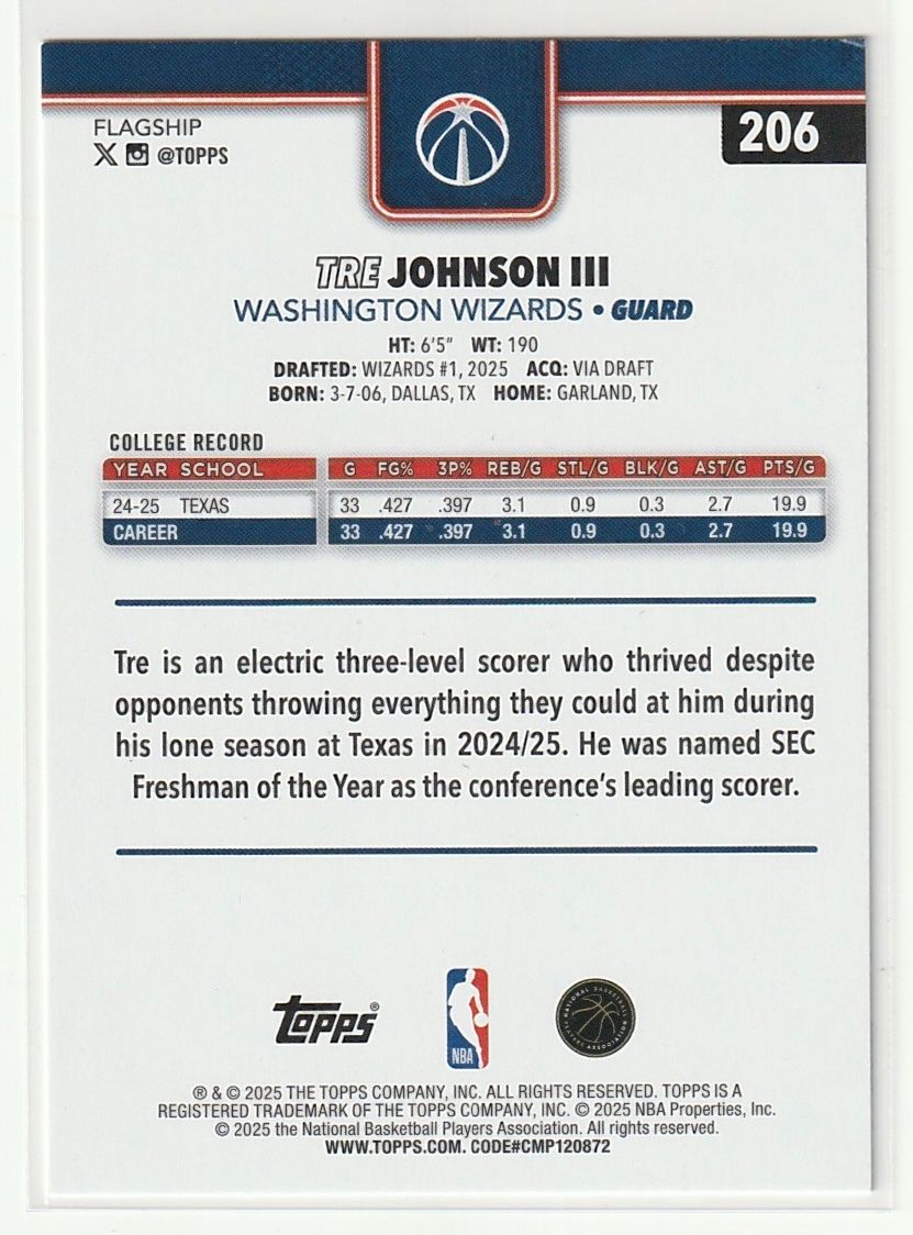 2025/26 Topps Flagship Basketball Tre Johnson III RC Rookie (Neu ...