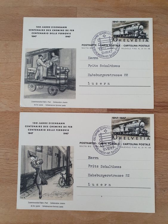 2 Postkarten zum Jubiläum 100 Jahre Eisenbahn 1847 - 1947 | Kaufen auf Ricardo