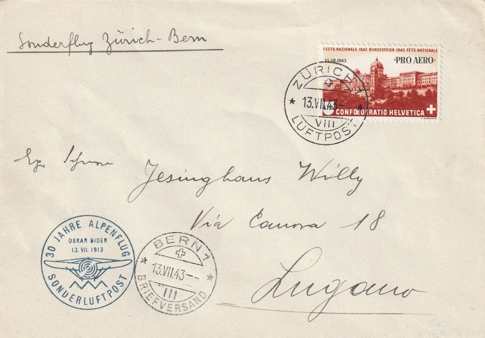 Luftpost-Brief-1943 Sonderflug Pro Aera Zürich-Bern (Gebraucht) in ...