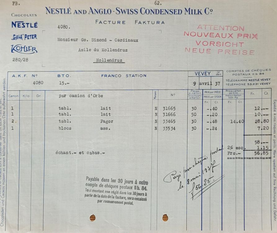 Facture Illustrée Nestlé And Anglo Swiss Milk Kohler | Kaufen auf Ricardo