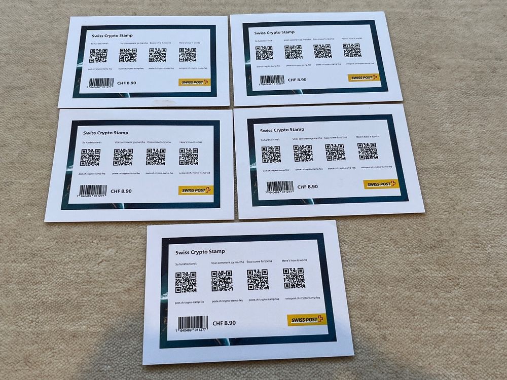 5 Swiss Crypto Stamp 1.0 von 2021 ungeöffnet mit NFT (Neu und ...