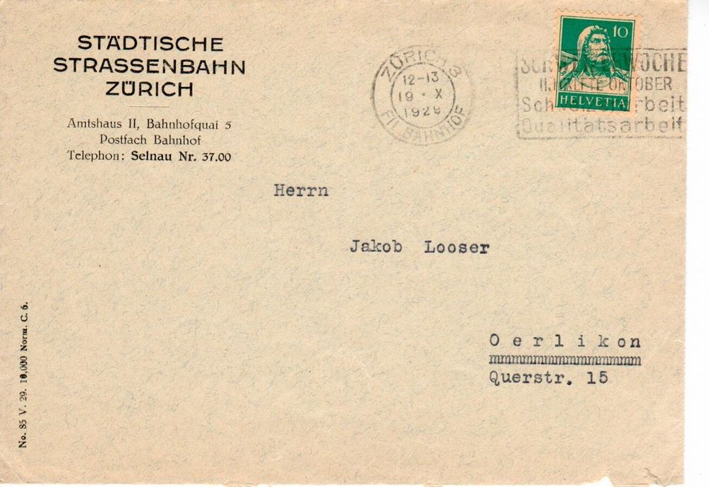 Brief, Städtische Strassenbahn Zürich (Gebraucht) in Wolhusen für CHF 4 – mit Lieferung auf ...