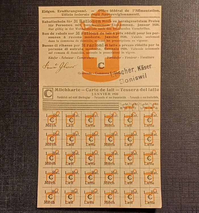 Rationsmarken MILCH Käserei Lüscher BONISWIL 1920 (Gebraucht) in ...