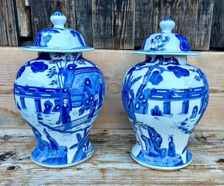 2x Blau Weiss asiatisches Porzellan Vasen Deckelvase Vintage (Gebraucht ...