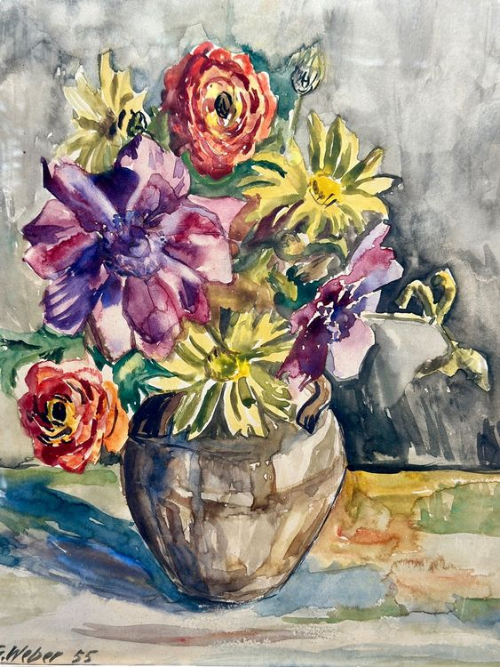 G. WEBER 1955 Aquarelle nature morte bouquet de fleurs (Gebraucht) in ...