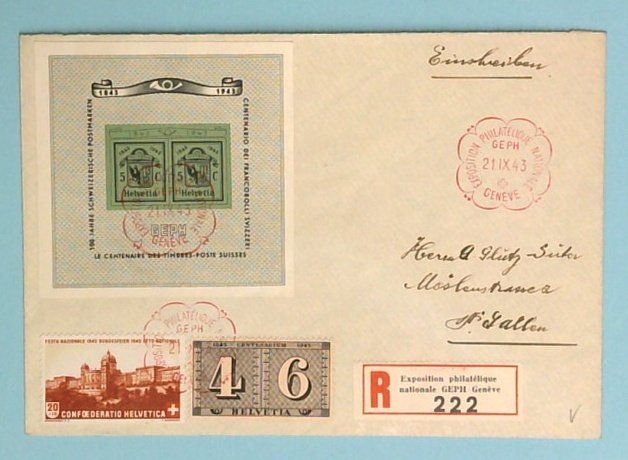 1943 Genfer Block auf R-Brief mit roten Sonderstempel (Gebraucht) in Sirnach für CHF 9 – mit ...