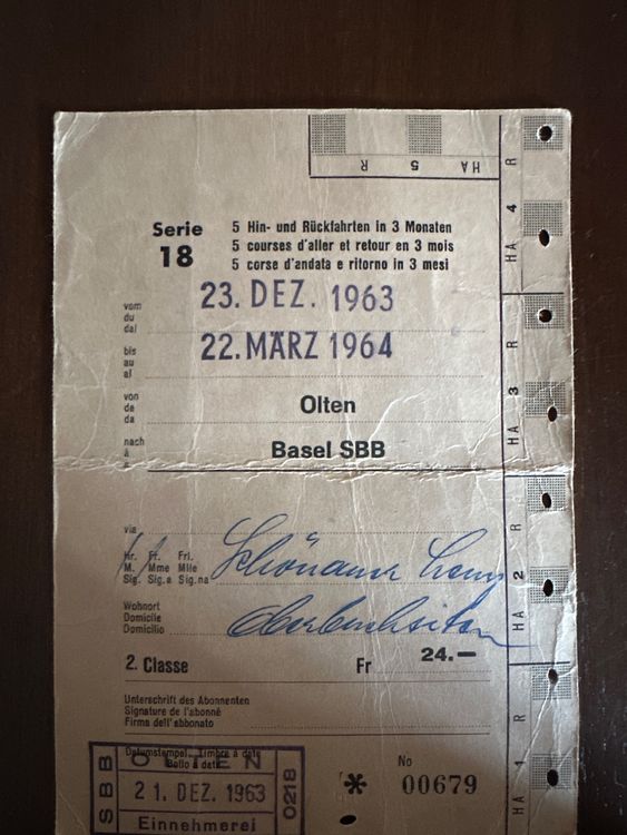 SBB Mehrfahrtenkarte 2. Klasse Olten-Basel, 23. Dez. 1963 (Gebraucht) in Schönenbuch für CHF 10 ...