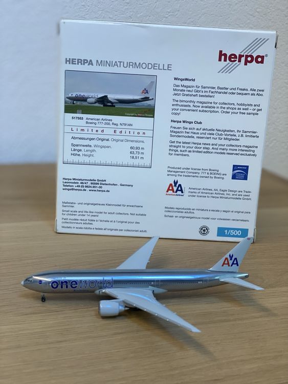 Herpa American Airlines Boeing 777-200, 1:500 (Gebraucht) in Naters für CHF 10 – mit Lieferung ...