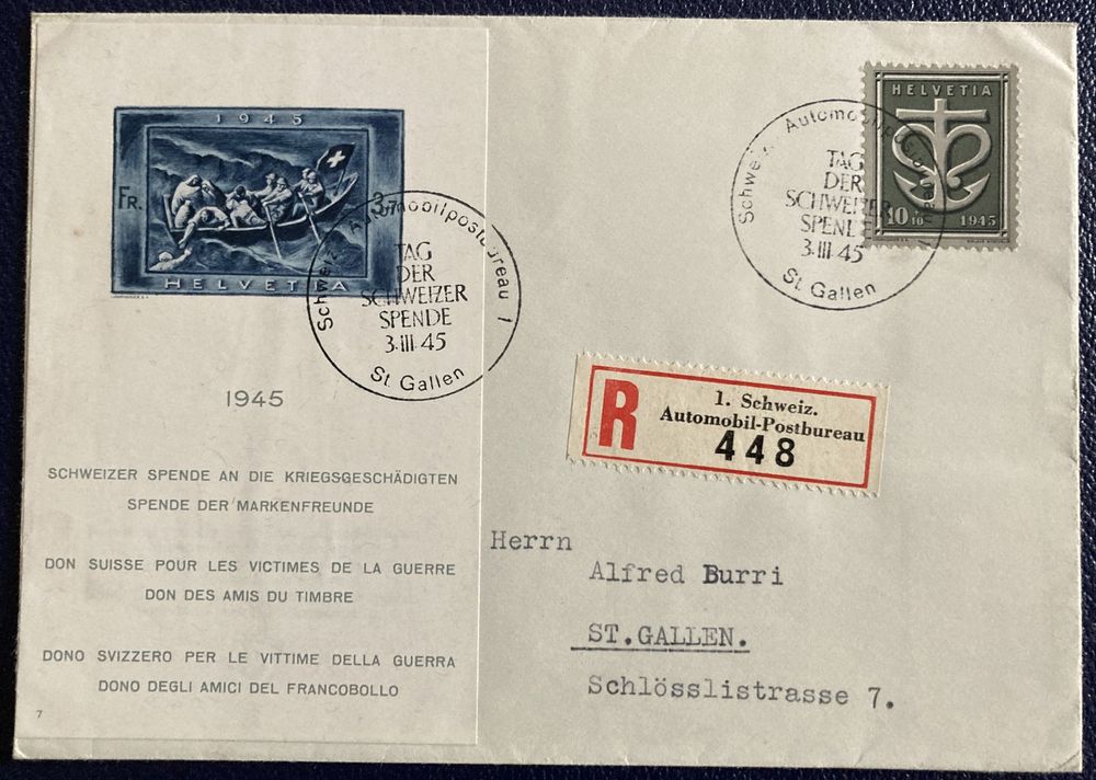 1945, R-Beleg mit Spendeblock W21, SBK 300 Fr. (Gebraucht) in Flawil für CHF 45 – mit Lieferung ...