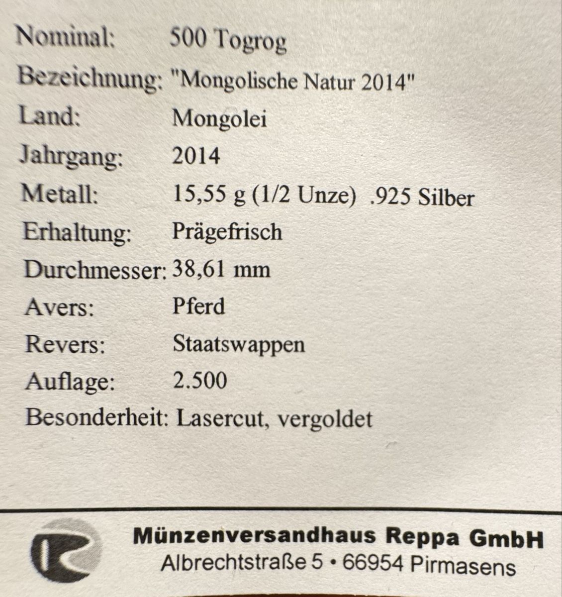 „Mongolian Nature 2014 Horse“ (silver/vergoldet) (Neu und ...