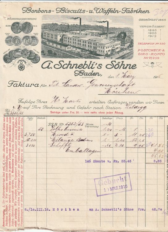 Litho Briefkopf von A. Schneblis Söhne Biscuits Baden 1916 | Kaufen auf Ricardo