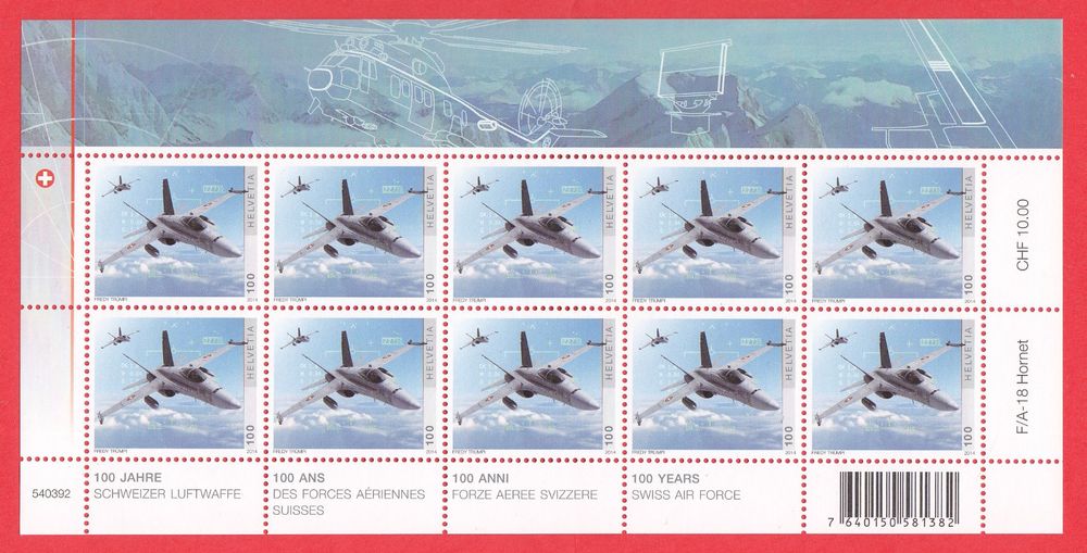 2014 Kleinbogen 100 Jahre Luftwaffe ** Postfrisch 10x 1Fr. (Neu (gemäss Beschreibung)) in ...