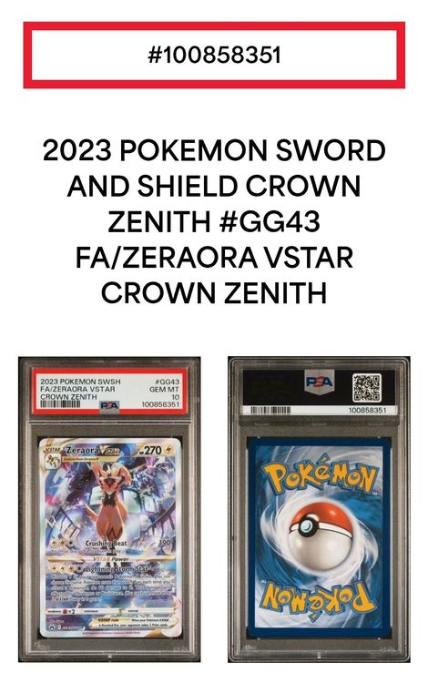 POKEMON PSA 10 GEM MINT ZERAORA VSTAR (CROWN AND ZENIT) EN (Gebraucht ...