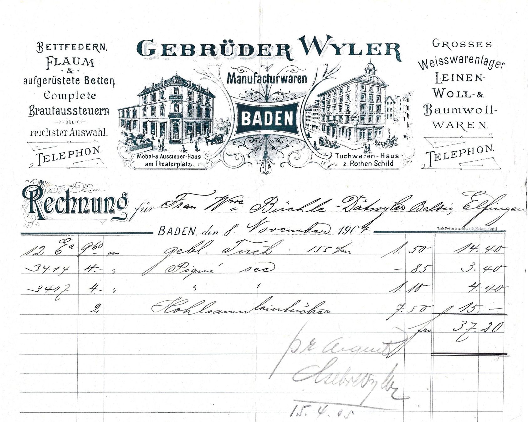 Historische Rechnung Gebrüder Wyler Baden, 1914! Rar! (Gebraucht) in ...