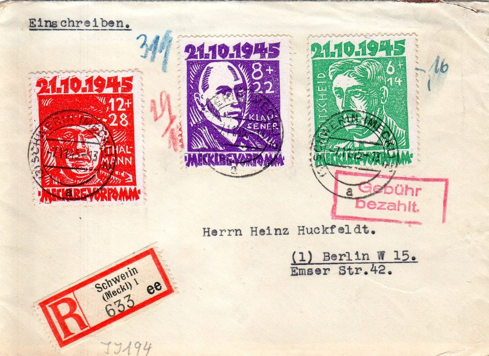 BELEG VON SCHWERIN NACH BERLIN 1945 TOLLE FRANKATUR - JJ194 (Gebraucht ...