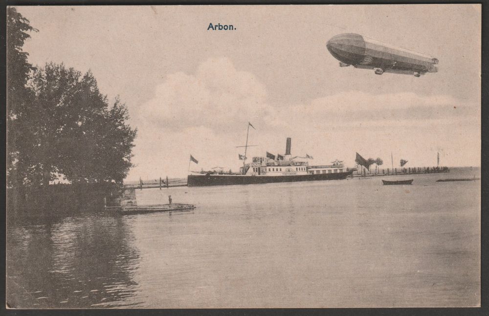 AK TG, 19.VIII.08: ARBON, Zeppelin über dem Hafen mit Schiff (Gebraucht) in Basel für CHF 15 ...
