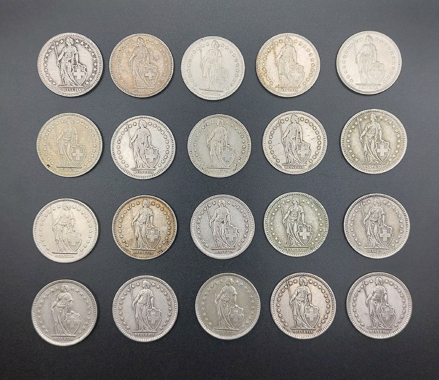 2 Fr. Schweizer Silbermünzen, 20 Stück, Diverse Jahrgänge (Gebraucht ...