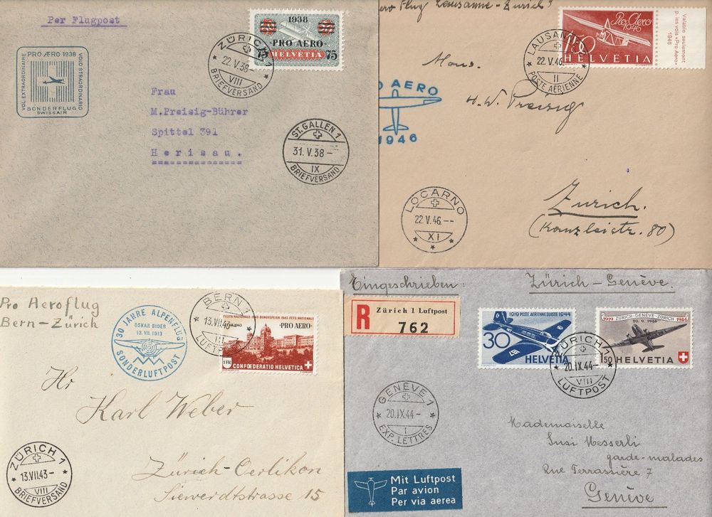 4 x Pro Aero Sonderpostflug, 1938, 1943, 1944 und 1946 (Gebraucht) in Turgi für CHF 5 – mit ...