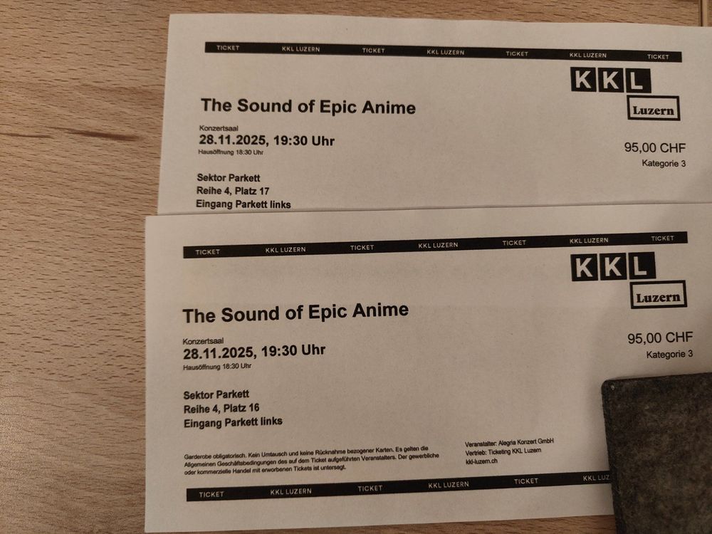 2 Tickets: The Sound of Epic Anime, 28.11.2025, KKL Luzern (Gebraucht ...