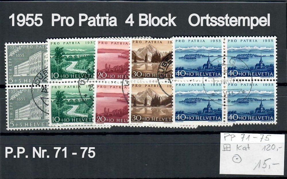 1955 Pro Patria 4 Block-Marken- mit Ortsstempel Nr .71-75 (Gebraucht) in Bützberg für CHF 15 ...