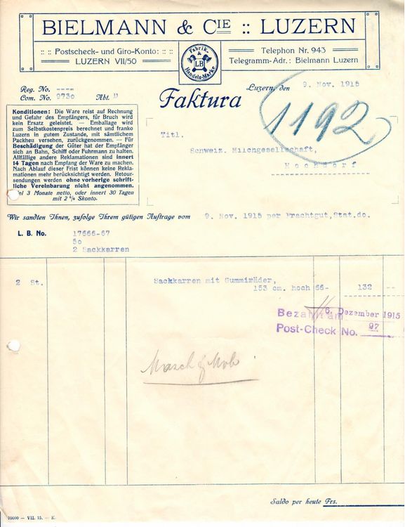 Bielmann & Cie. Luzern 1915 (Gebraucht) in Wolhusen für CHF 5 – mit Lieferung auf Ricardo kaufen