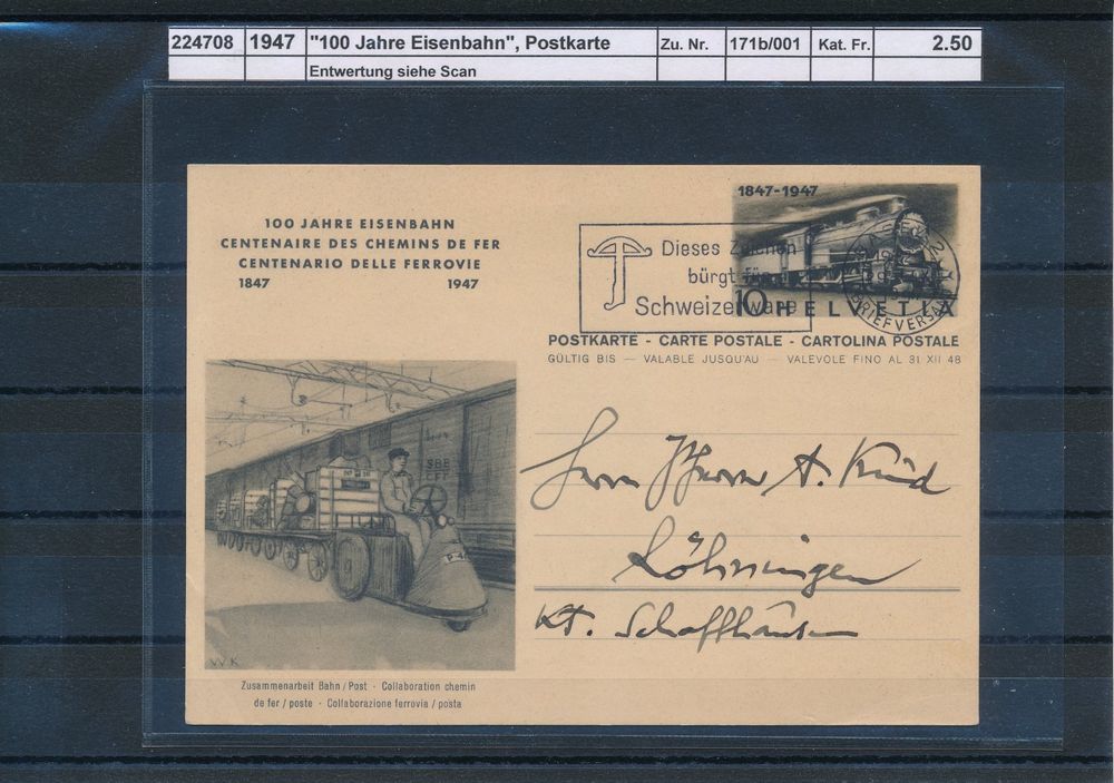 1947 Bildpostkarte, "100 Jahre Eisenbahn", Zusammenarbeit | Kaufen auf Ricardo