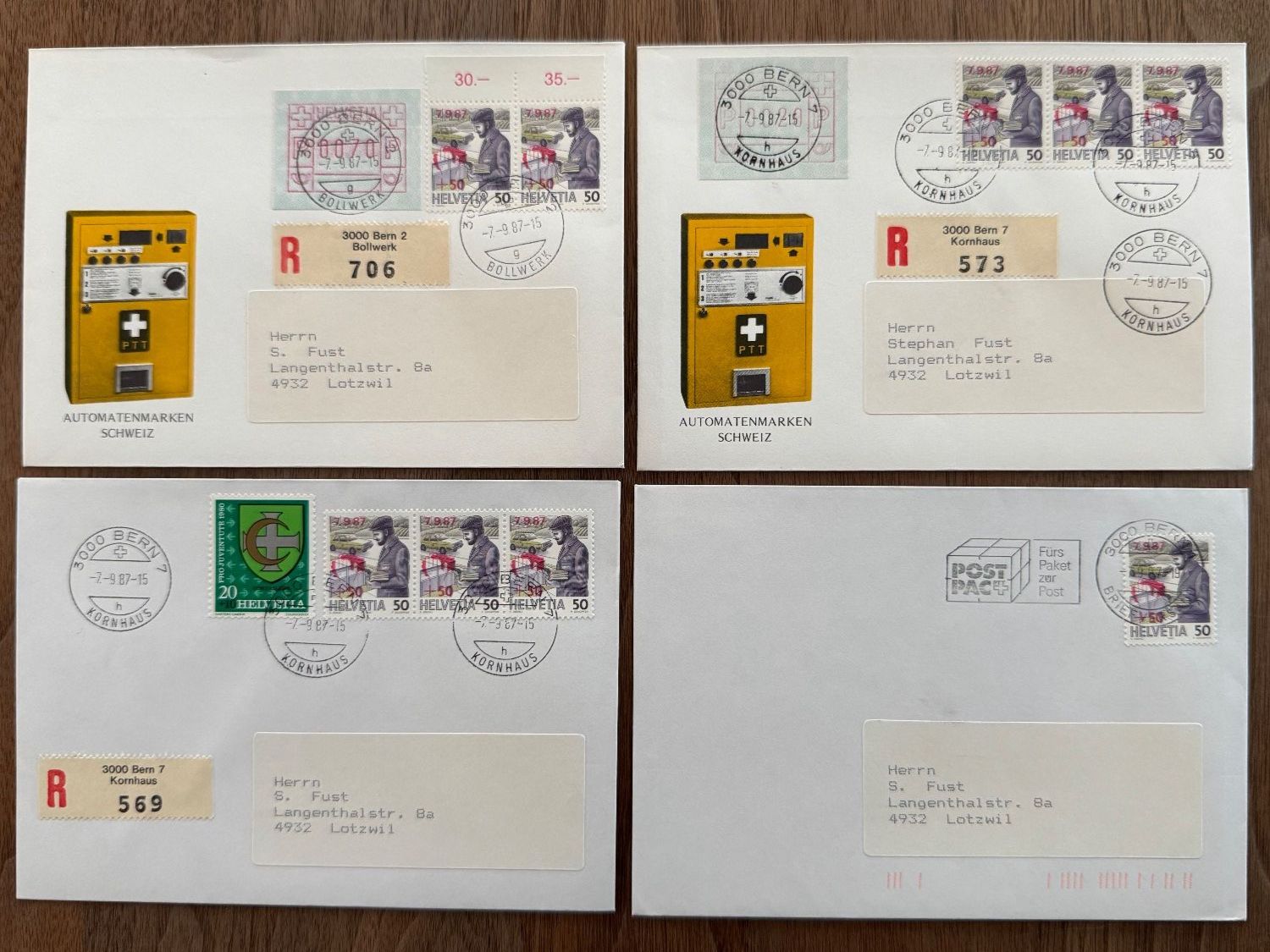 1987, W66, 4x Ersttag, davon 3 R-Briefe, Unwettergeschädigte (Gebraucht ...