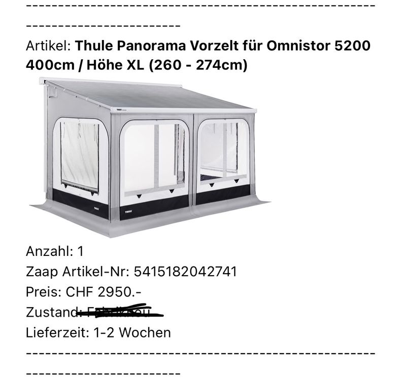 Thule Panorama Vorzelt zu Omnistor 5200 (Gebraucht) in Hofen SH für CHF ...