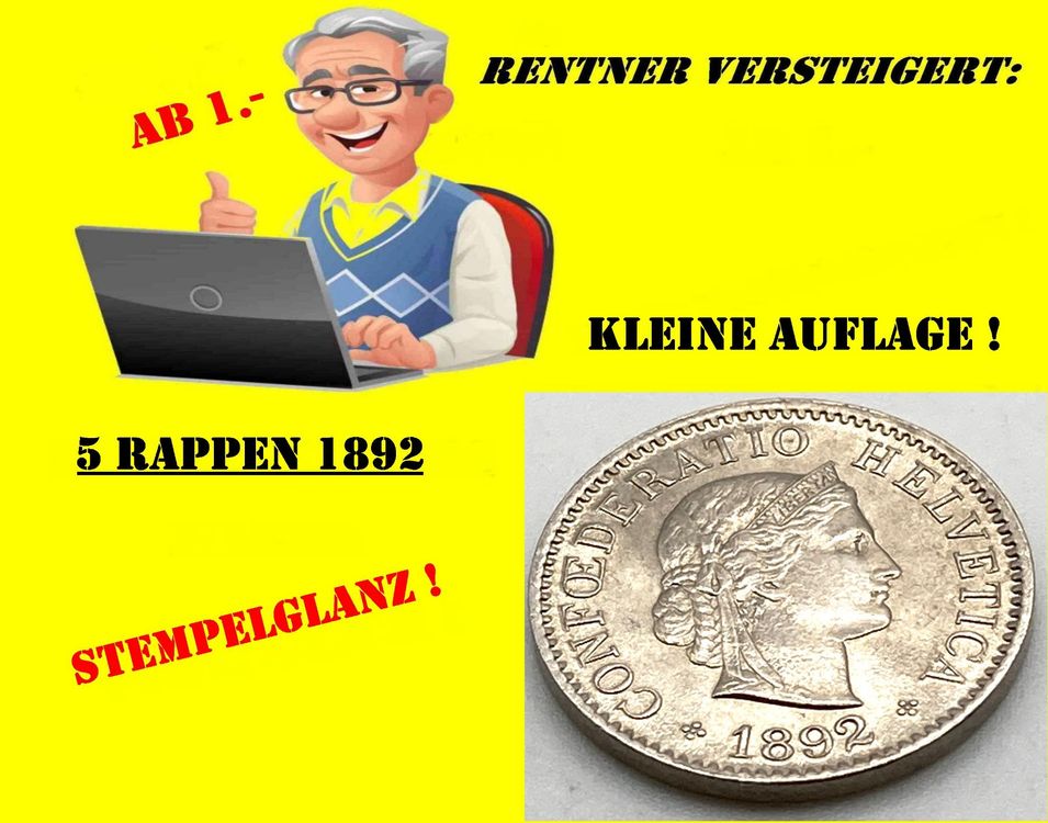 5 Rappen 1892 - STEMPELGLANZ ! Für Ihre Top Münzensammlung ! (Neu ...