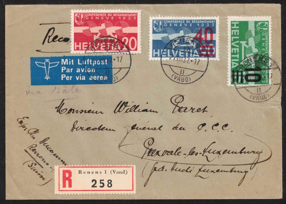 1937, Flugpost Brief nach Luxembourg, ab 1.- (Neu (gemäss Beschreibung)) in Nuglar für CHF 2 ...