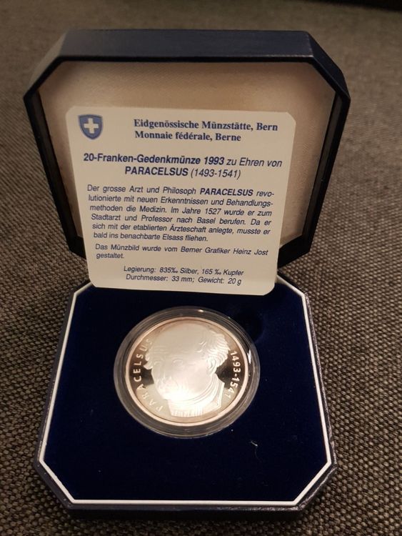 20 Fr. Sonder-Münze 1993 Paracelsus (Neu und originalverpackt) in Weinfelden für CHF 35 – mit ...