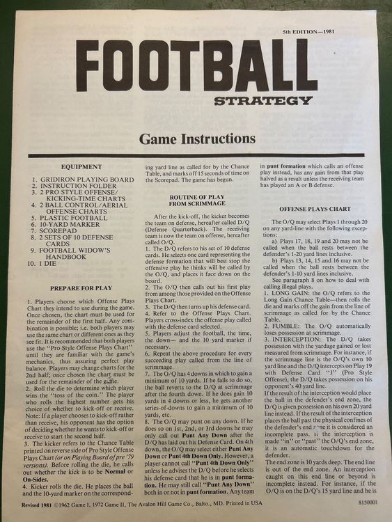 Football Strategy Sports Illustrated Game Avalon Hill 815 (Gebraucht ...