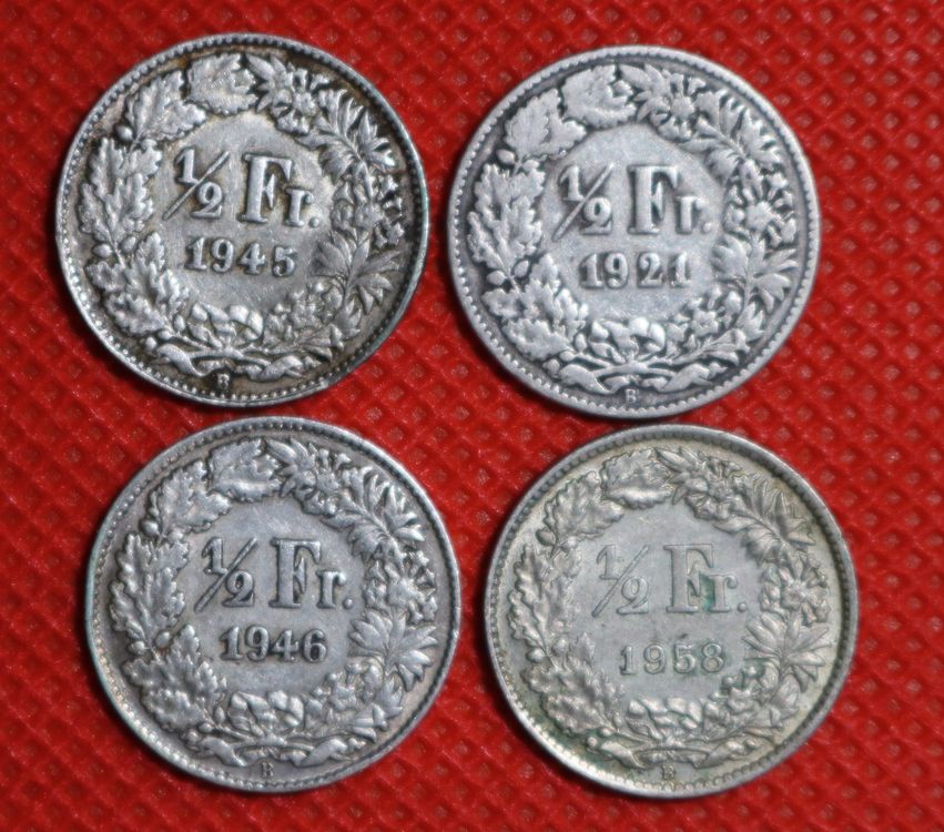 50 Rappen Lot Silbermünzen 1921, 1945, 1946, 1958 (Gebraucht) in Winterthur für CHF 5.9 – mit ...