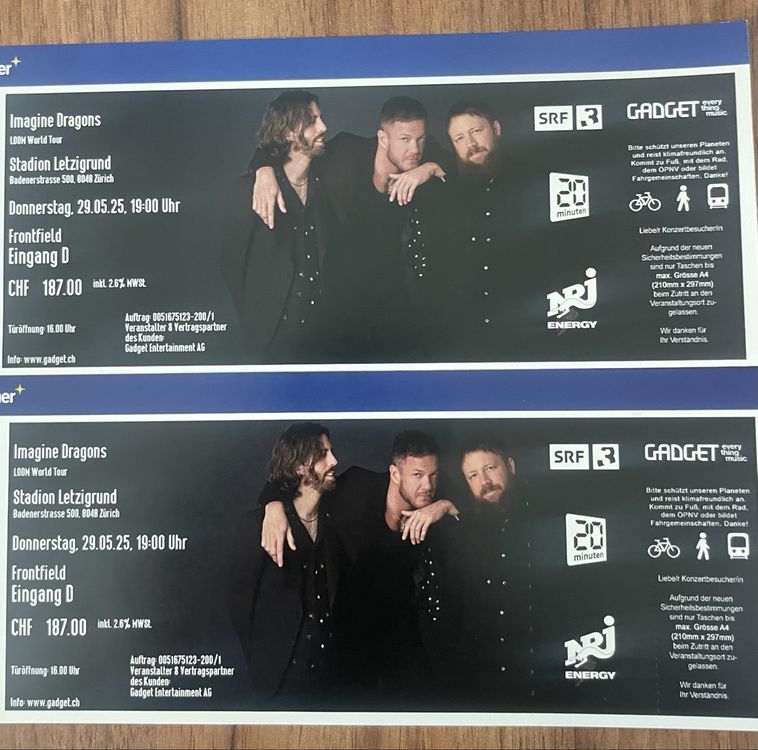 Imagine Dragons am 29.5.25 in Zürich: 2 Frontfield Tickets (Neu und ...