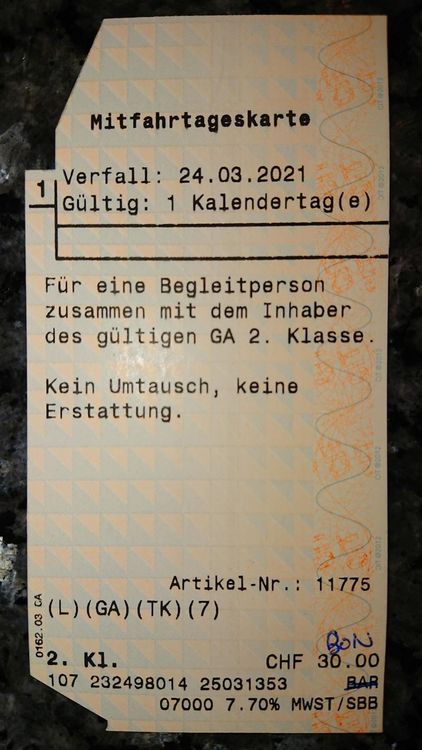 Mitfahr-Tageskarte GA SBB bis 24.03.2021 (Neu und originalverpackt) in ...