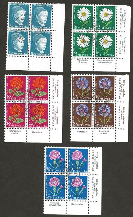 Schweiz 1963 Pro Juventute Viererblocks mit Tabs gestempelt (Gebraucht ...