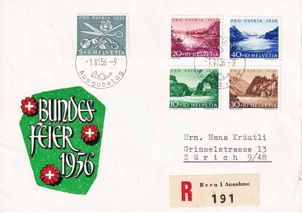1956, Pro Patria Nr. B76-80, auf illustriertem R-FDC, (d). (Gebraucht) in Aesch BL für CHF 25 ...