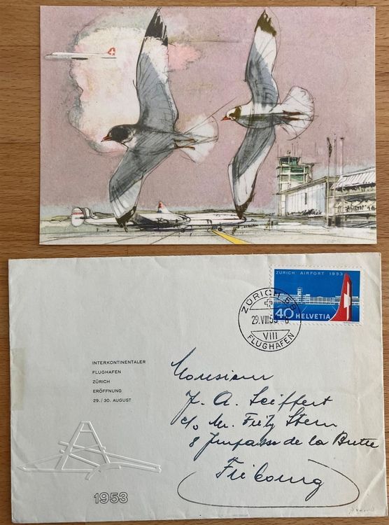 1953, 2x FDC Flughafen mit ET Zürich, Sonderkarte und Beleg (Gebraucht) in Flawil für CHF 7.5 ...