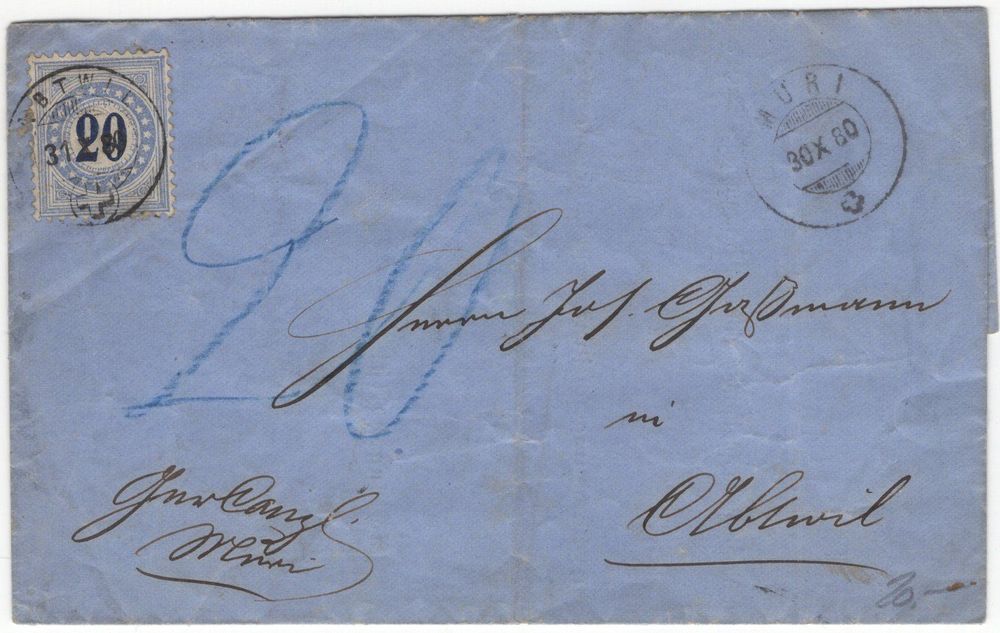 20 Rp. Portomarke auf Faltbrief von MURI (Gebraucht) in Eglisau für CHF 15 – mit Lieferung auf ...