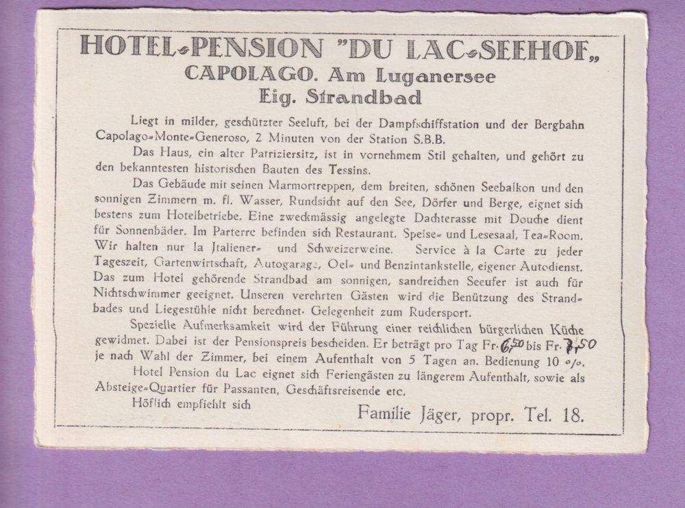 Alte Ansichtskarte - Hotel Pension Seehof - Capolago (Gebraucht) in ...