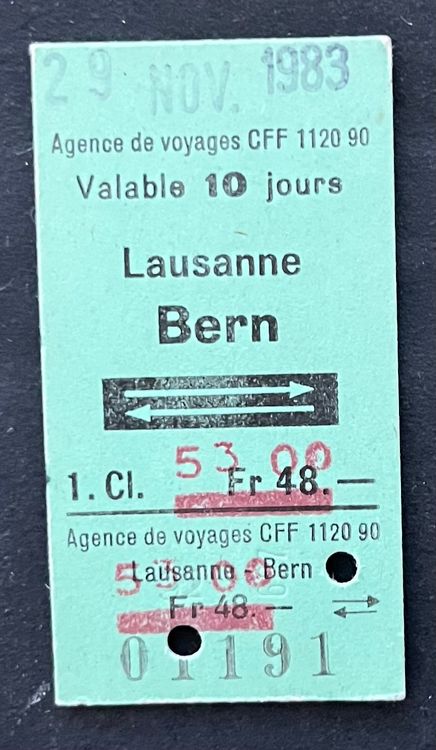 Lausanne Bern 1. Klasse / Billett 1983 (Gebraucht) in Wabern für CHF 2 – mit Lieferung auf ...