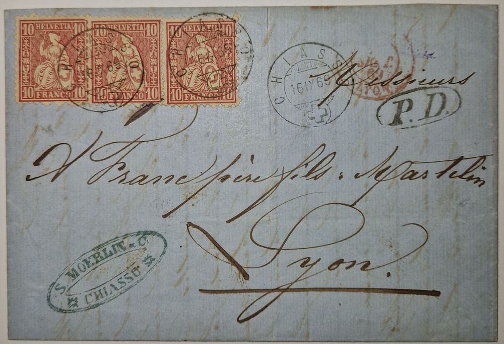 Brief von Chiasso nach Lyon mit P.D. 1869 / 3x Nr. 38 (Gebraucht) in ...