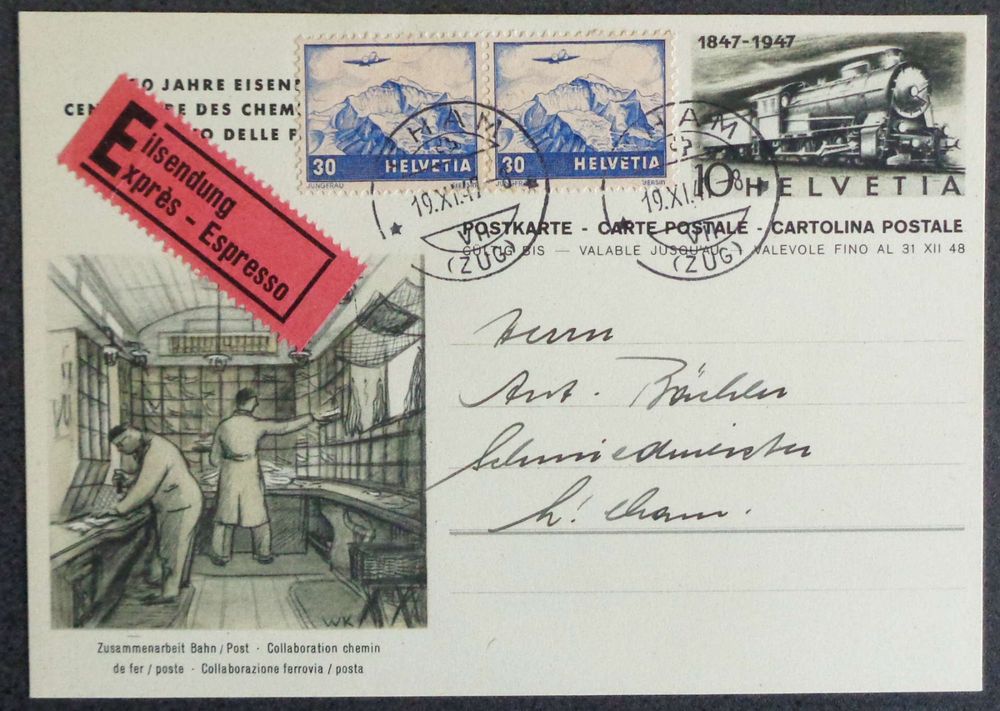 1947: Postkarte 10 C 100 J. Schweizer Eisenbahn per Express | Kaufen auf Ricardo