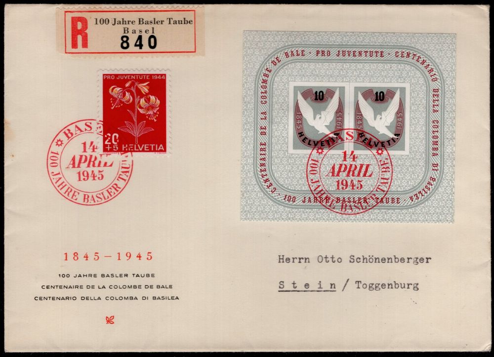 Baslertaube Block 1945, W23 FDC, 200.- (Gebraucht) in Horw für CHF 20 – mit Lieferung auf ...