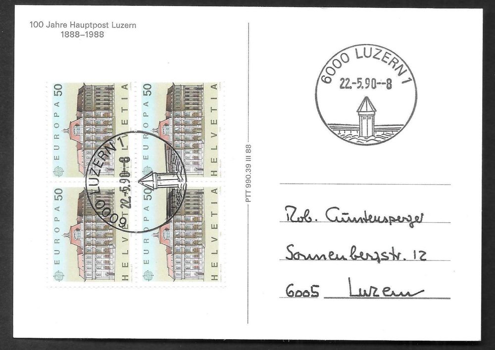 FDC - Karte 797 Viererblock 100 Jahre Post Luzern 22.5.1990 (Neu (gemäss Beschreibung)) in Olten ...