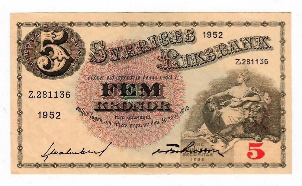 Rare Banknote Schweden,5 Kronor,1952,UNZ (Neu (gemäss Beschreibung)) in ...
