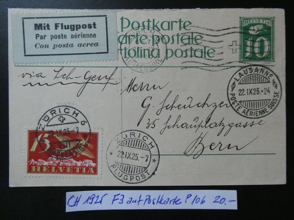 CH 1925 Nr. F3 auf toller Flugpost-Postkarte Nr. P106 | Kaufen auf Ricardo